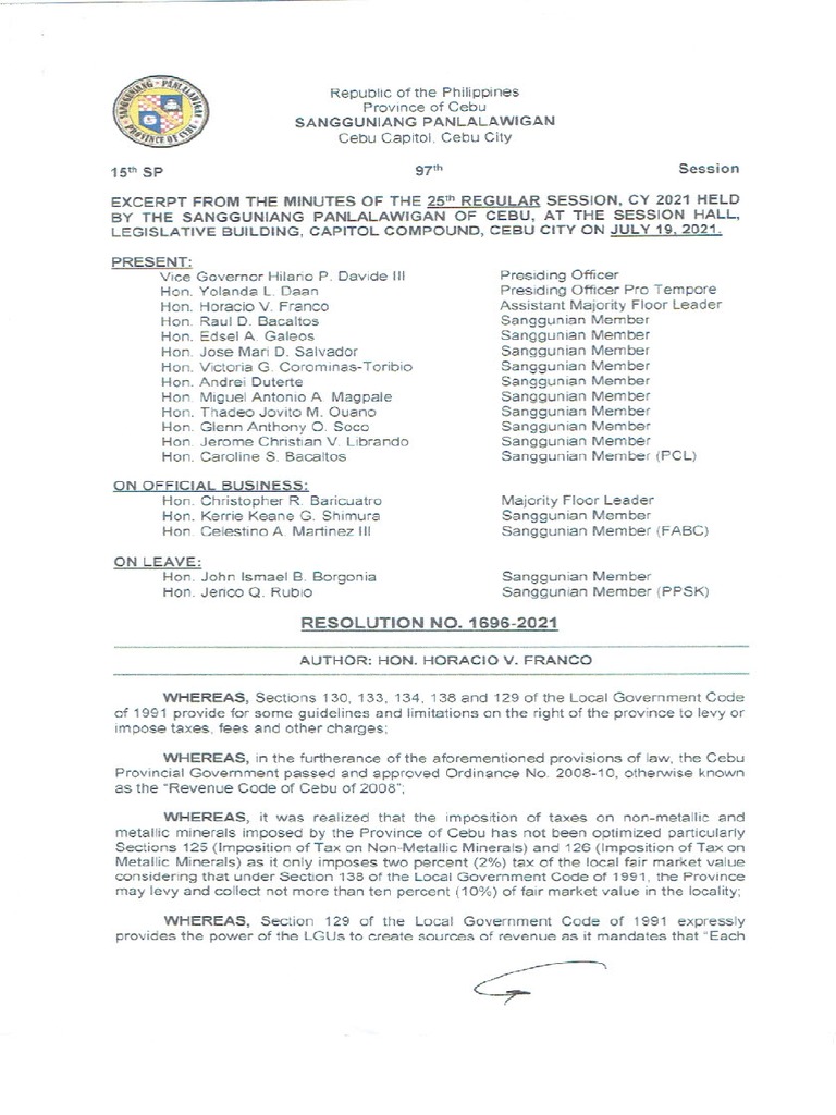 Resolution No. 1696 2021 Ordinance No. 2008 10 Revenue Code of Cebu of ...