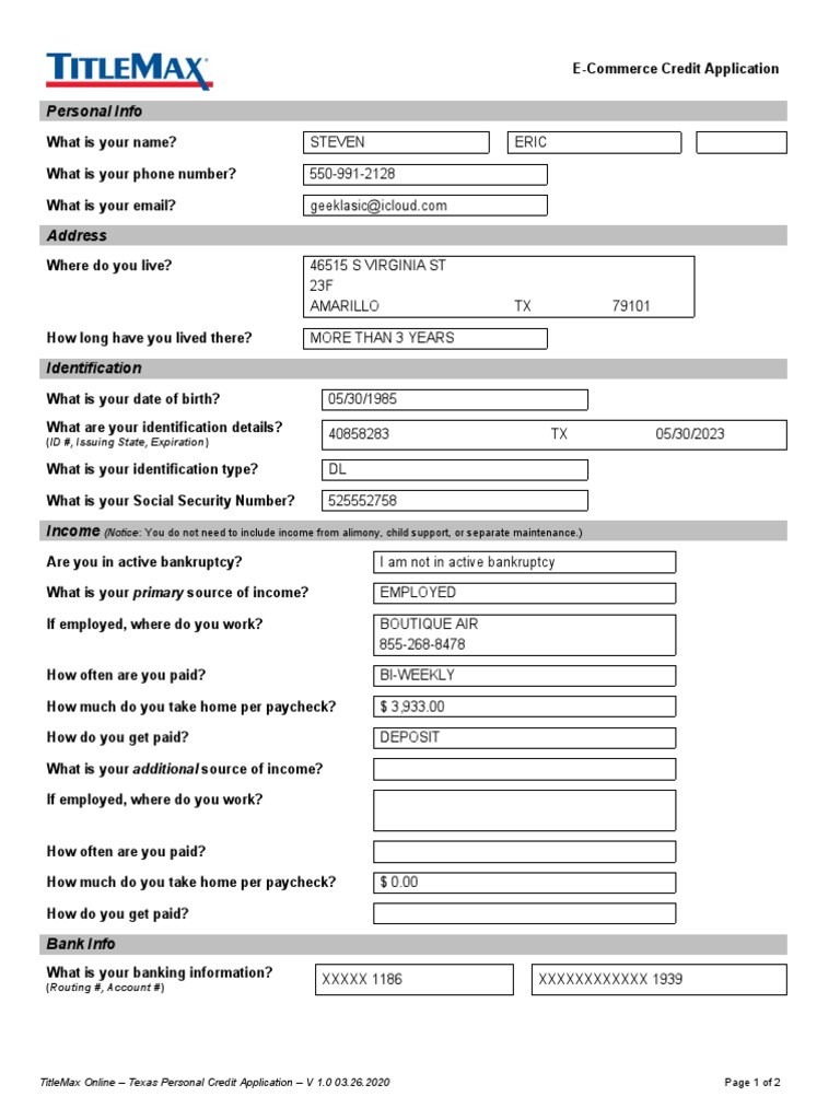 TitleMax E-Commerce Credit Application | Download Free PDF | Annual ...