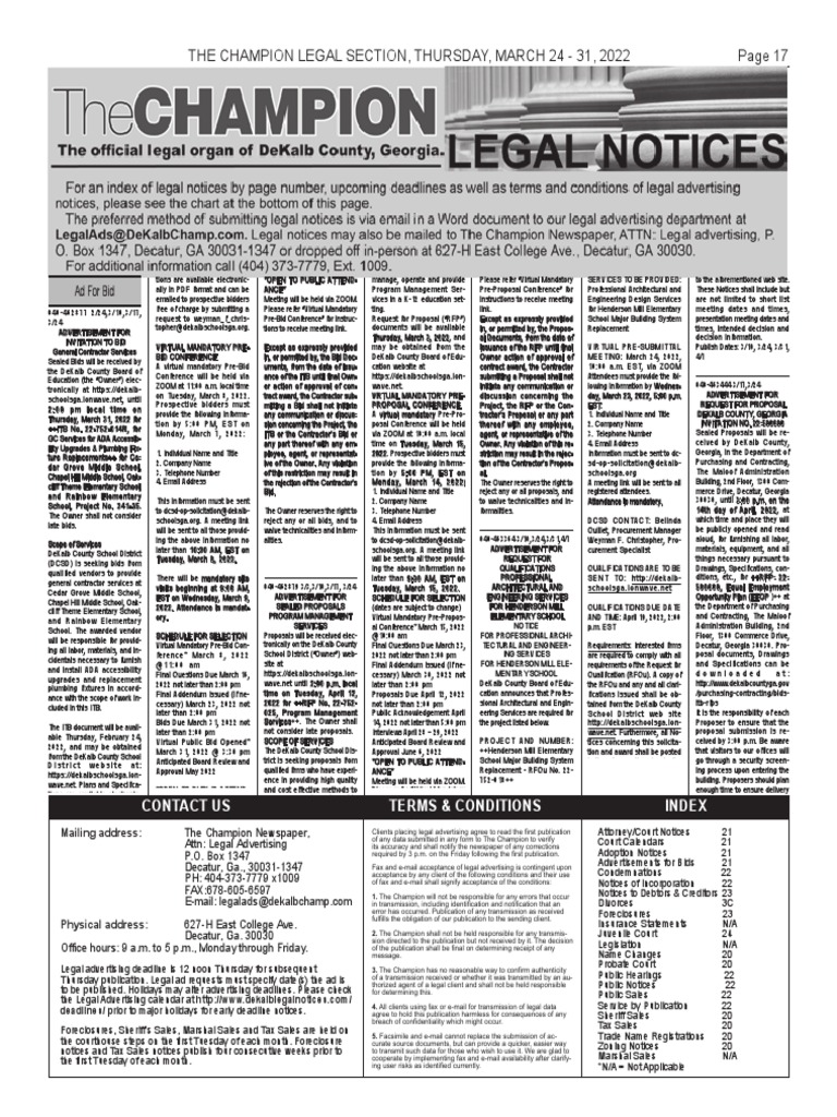 The Champion Legal Ads: 03-24-22 | PDF | Request For Proposal | Business