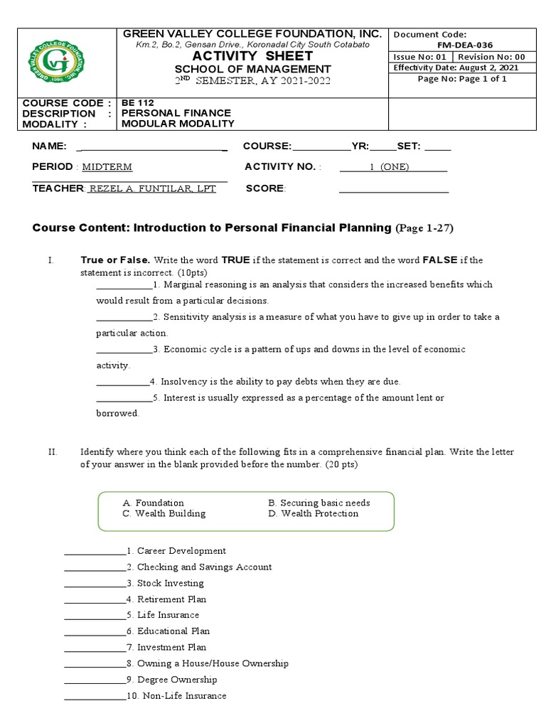 Activity Sheet: Course Content: Introduction To Personal Financial ...