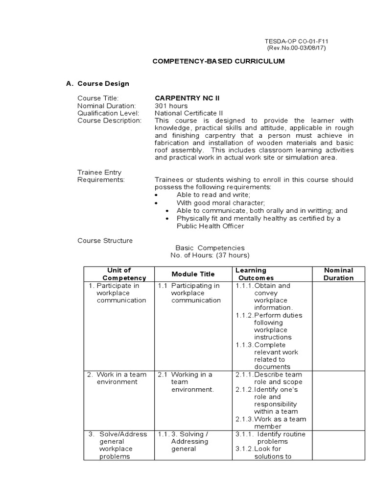 Competency Based Curriculum Carpentry | PDF | Educational Assessment ...