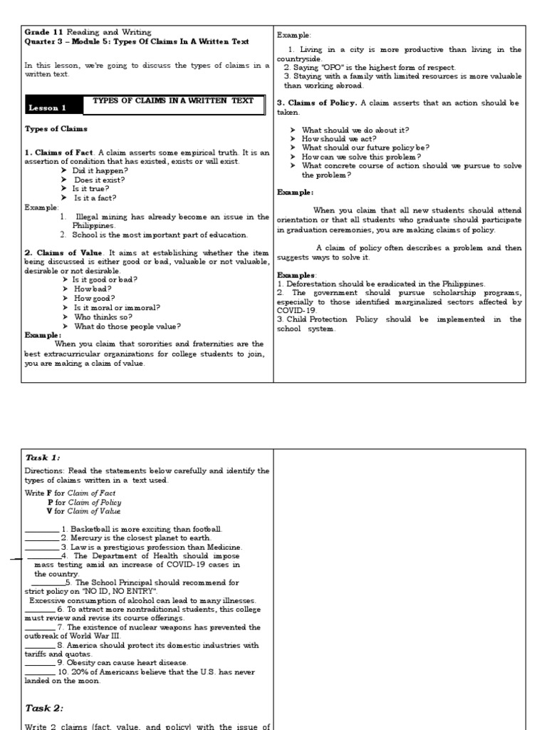 In This Lesson, We're Going To Discuss The Types of Claims in A Written ...