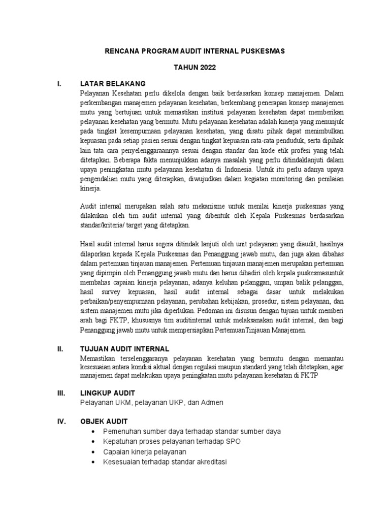 Rencana Program Audit Internal Puskesmas 2022 | PDF