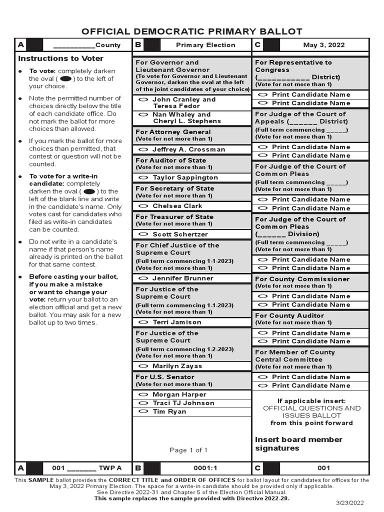 Official Democratic Primary Ballot 2022 | PDF | Elections | The United ...