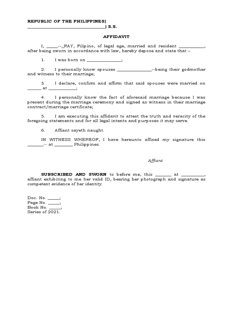 Affidavit As Witness To Marriage - Sample | PDF