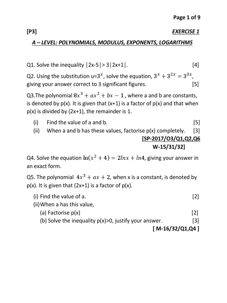 p3 Polynomials Modulus Exponents and Logarithms Exercise1 | PDF ...