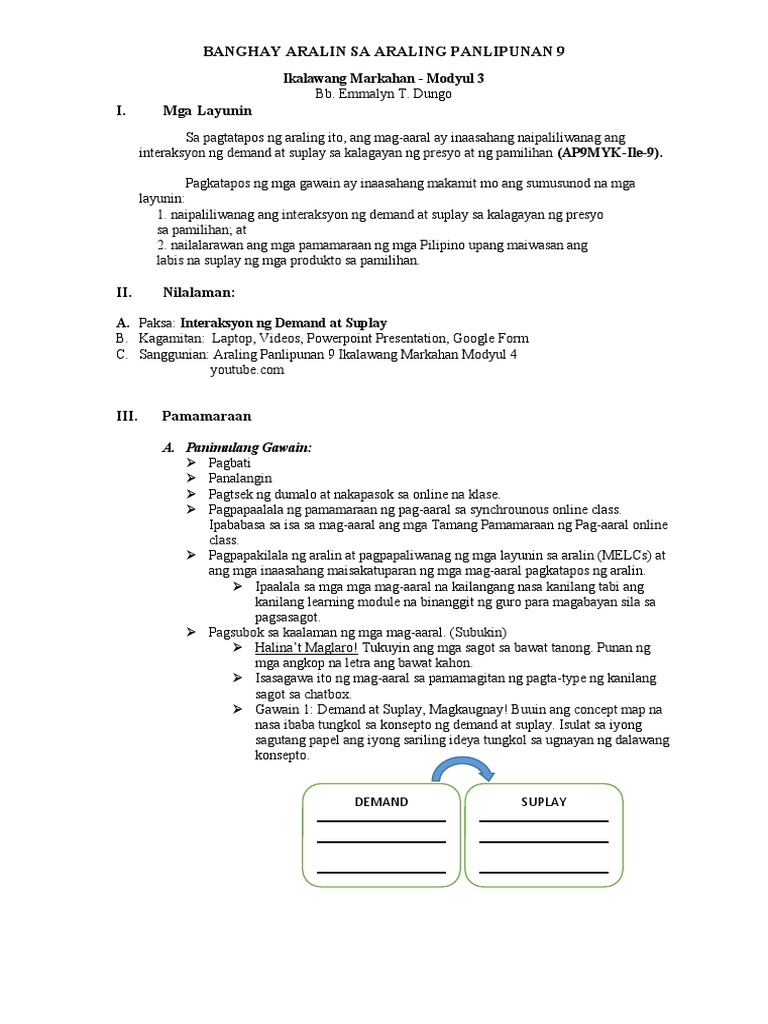 BANGHAY-ARALIN-SA-ARALING PANLIPUNAN 9-Interaksyon NG Supply at Demand | PDF