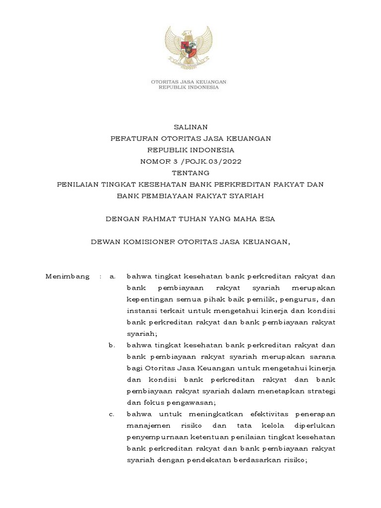 Pojk - 3 - 2022 - Penilaian Tks BPR Dan Bprs | PDF Pojk - 3 - 2022 - Penilaian Tks BPR Dan Bprs | PDF