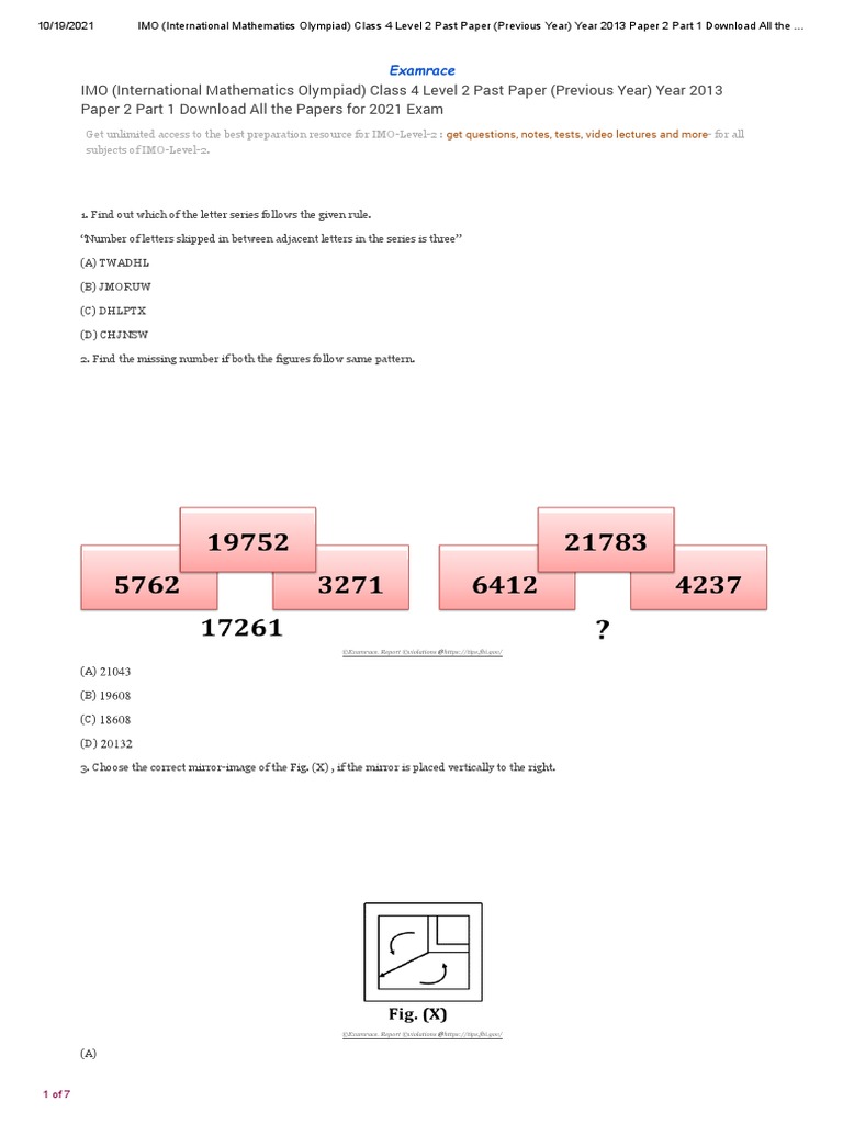 IMO (International Mathematics Olympiad) Class 4 Level 2 Past Paper ...