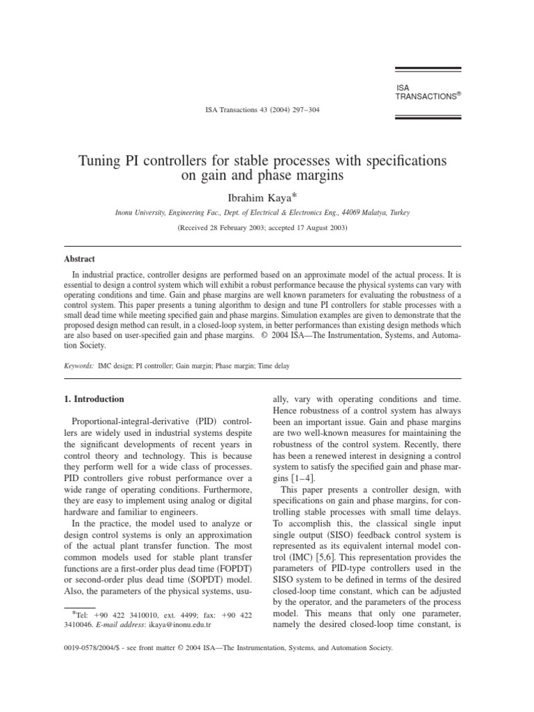 Tuning PI Controllers For Stable Processes With Specifications On Gain and Phase Margins | PDF ...