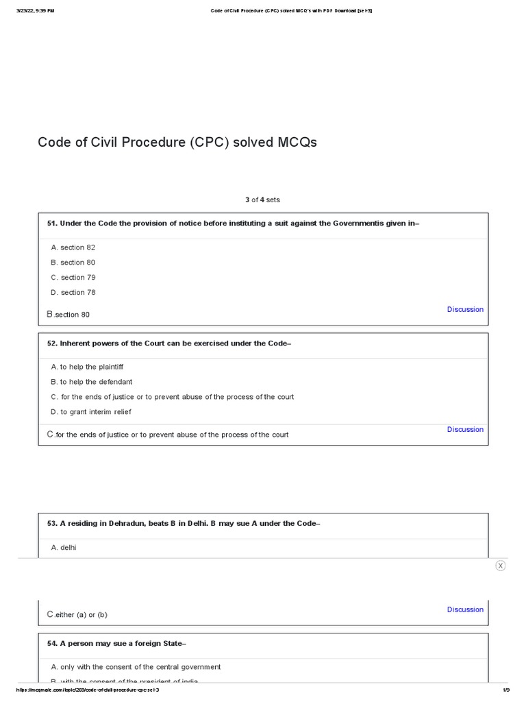 Code of Civil Procedure (CPC) Solved MCQ's With PDF Download (Set-3) | PDF | Lawsuit | Res Judicata
