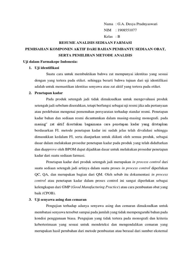 Analisis Sediaan Farmasi - Resume Pemisahan Komponen Aktif Dari Bahan Pembantu Sediaan Obat ...