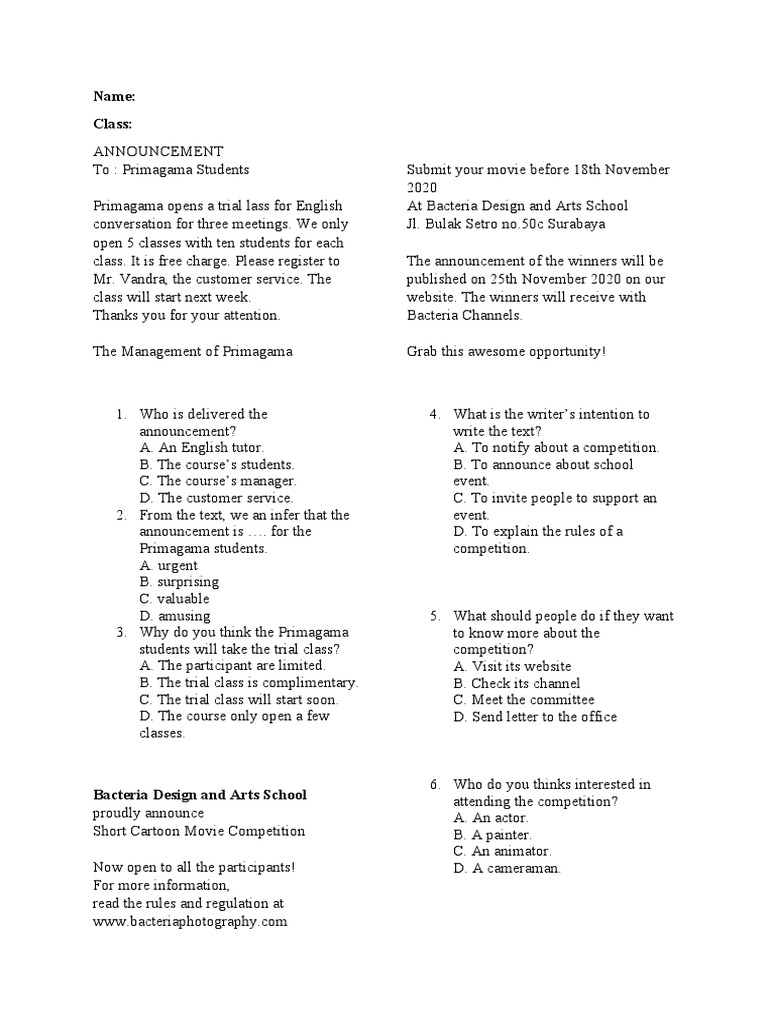Latihan Soal Announcement | PDF | Swimming
