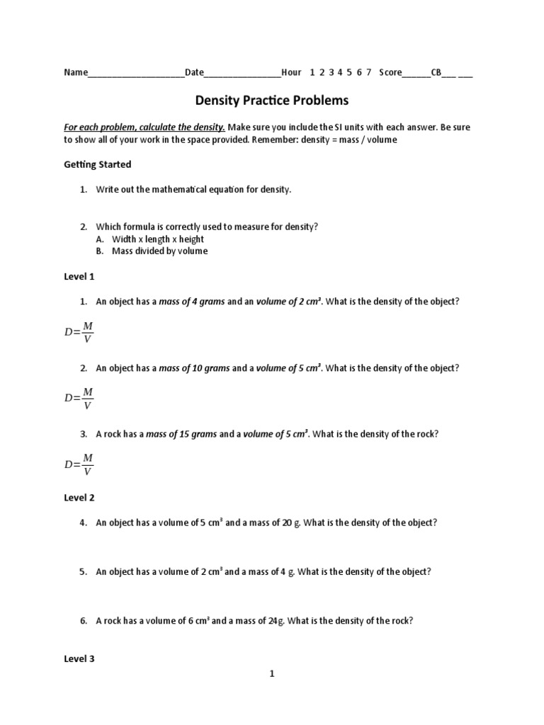 Density Worksheet 1 | PDF | Density | Volume