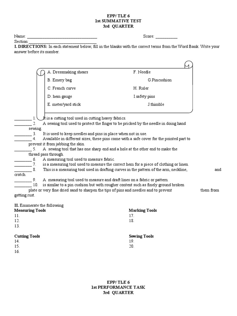 Epp Tle 3RD Grading 1ST Summative and Performance Task-Week1-2 | PDF | Sewing | Sewing Needle
