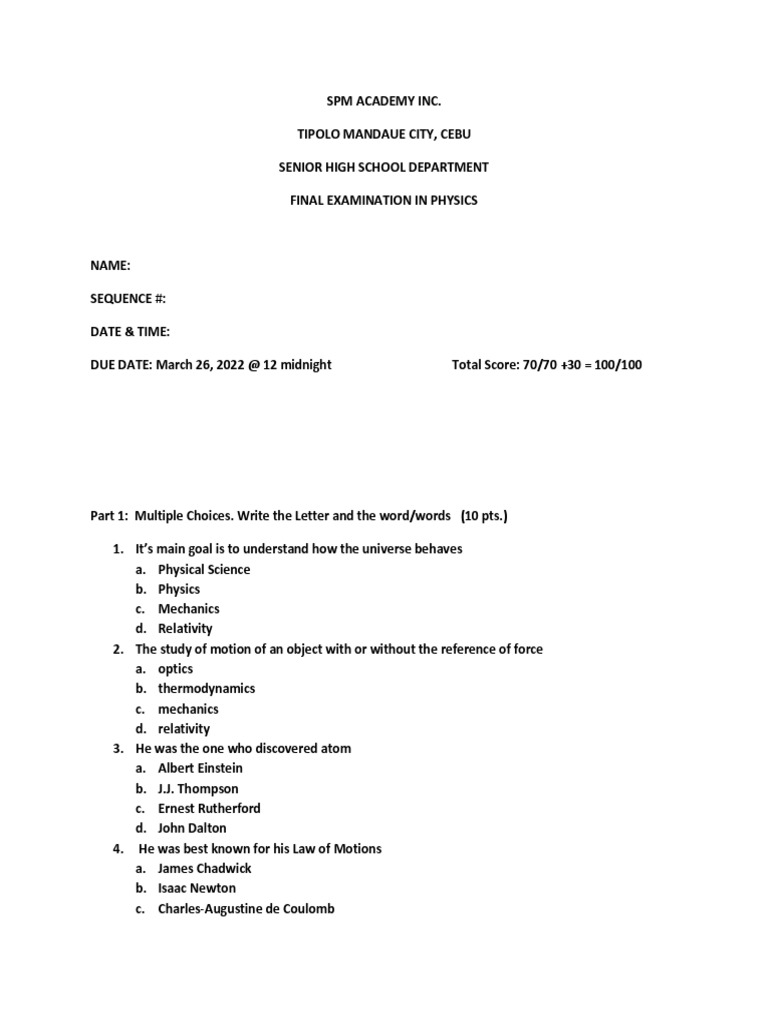 Final Exam Physics | PDF | Velocity | Speed