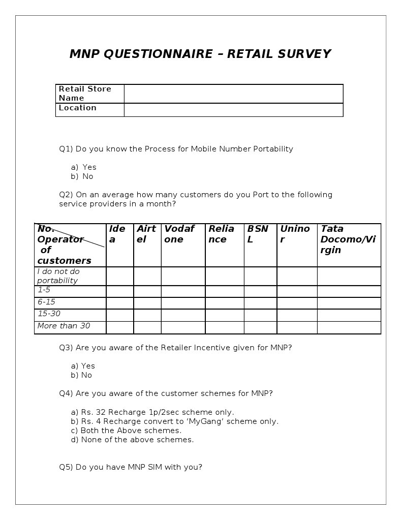 MNP Questionnaire - Retail Survey: Retail Store Name Location | PDF ...