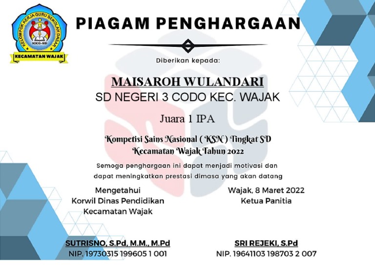 Piagam Penghargaan KSN 2022 | PDF