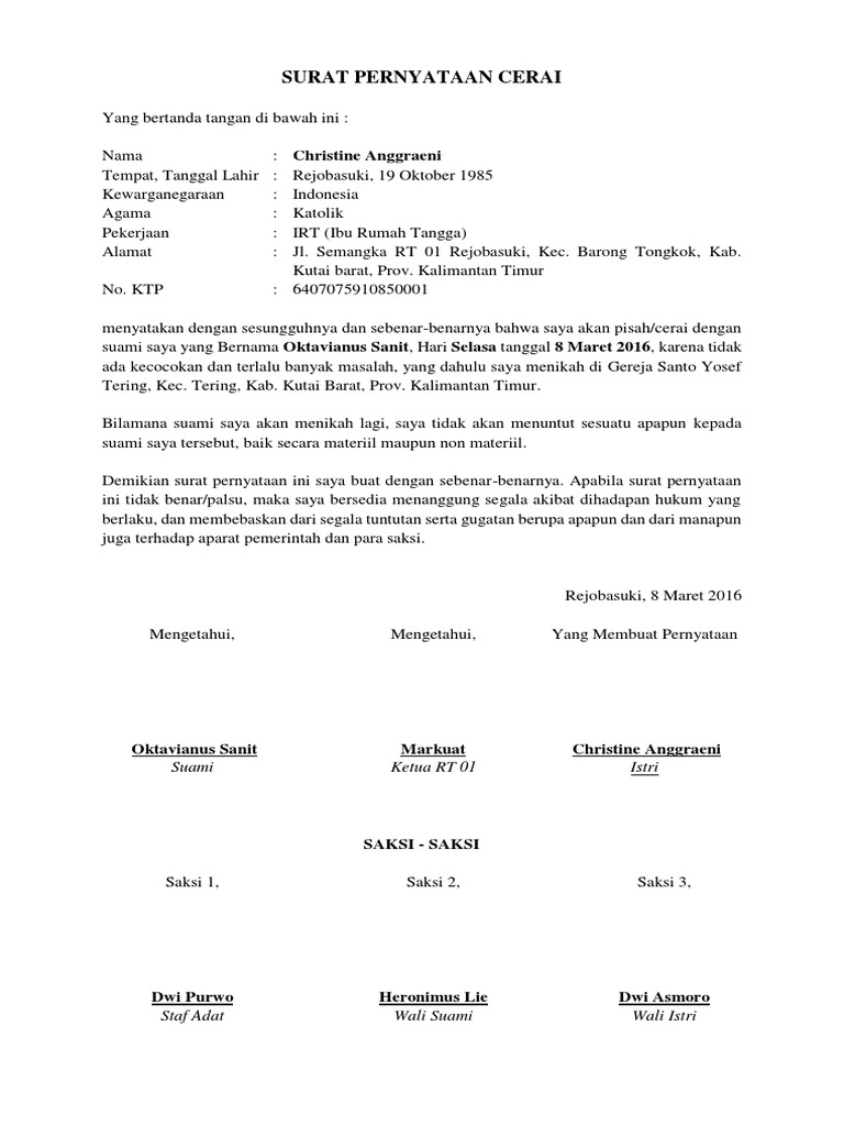 Surat Pernyataan Cerai | PDF