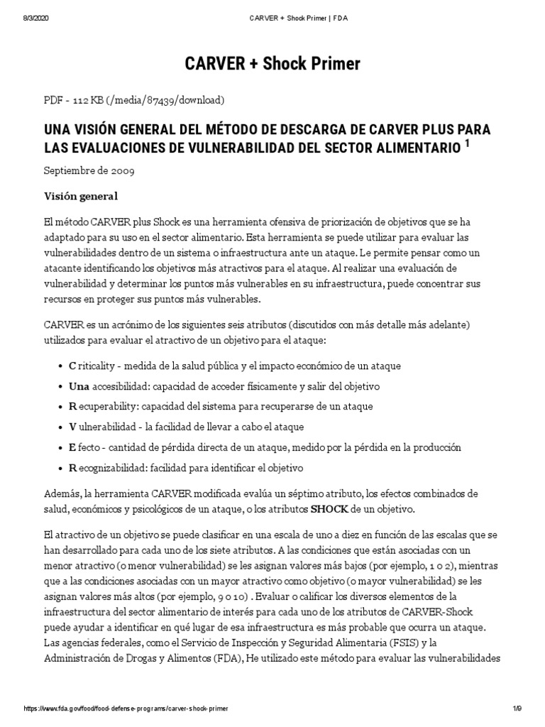 Carver + Shock Primer - FDA | PDF | Alimentos | Seguridad alimenticia