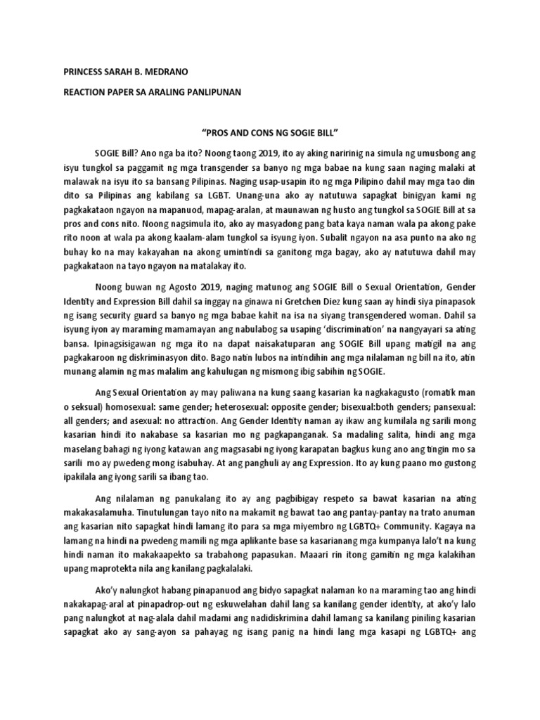 Reaction Paper Pros and Cons Sogie Bill | PDF