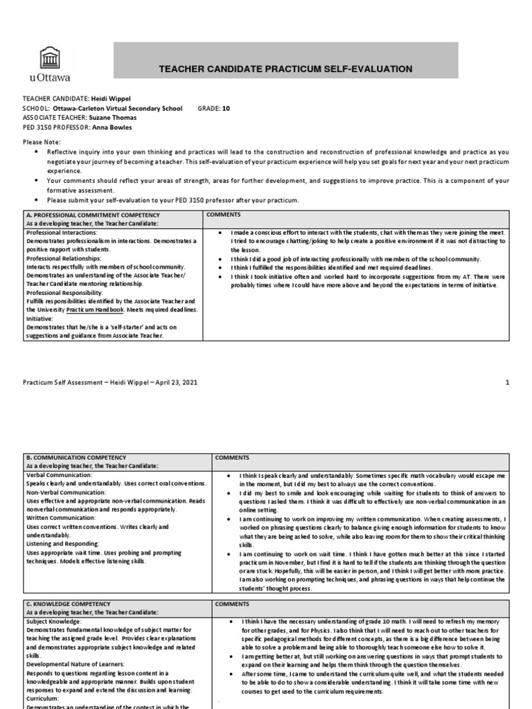 Practicum Self Assessment - Heidi Wippel | PDF | Educational Assessment | Lesson Plan