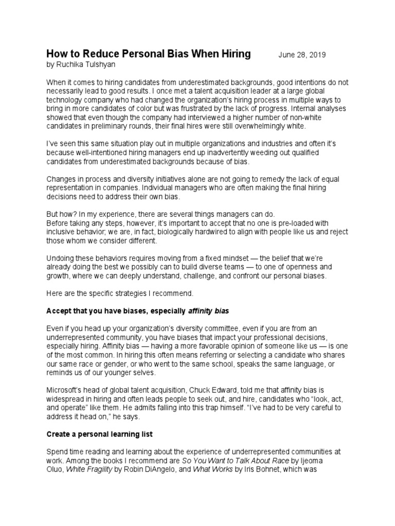 How To Reduce Personal Bias When HiringJune 28 | PDF | Bias | Psychology