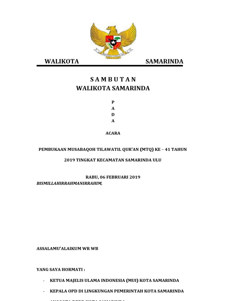 Sambutan Penutupan MTQ Ke - 41 Kec. SMD Ulu | PDF Sambutan Penutupan MTQ Ke - 41 Kec. SMD Ulu | PDF