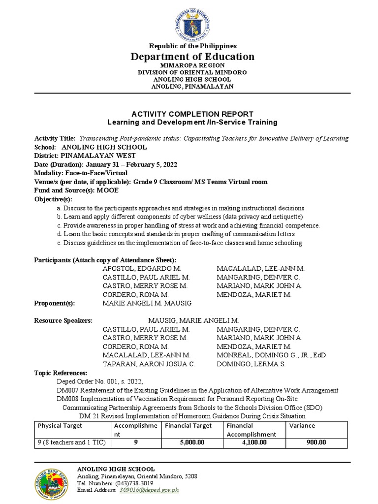 INSET COMPLETION REPORT 2022 - Midyear | PDF