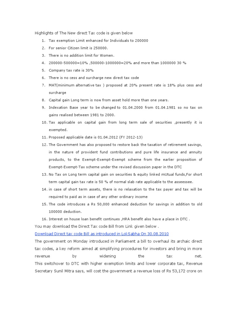 20 Highlights of The New Direct Tax Code Is Given Below | PDF ...