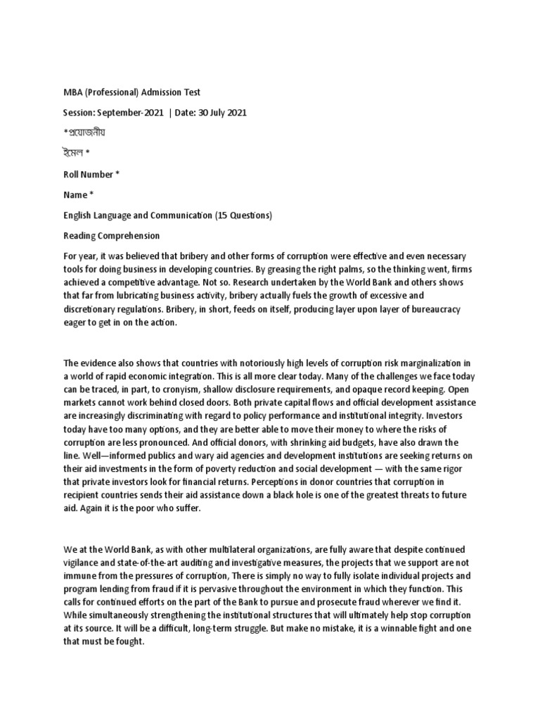 MBA Admission Test Sample Ques | PDF | Corruption | Aids