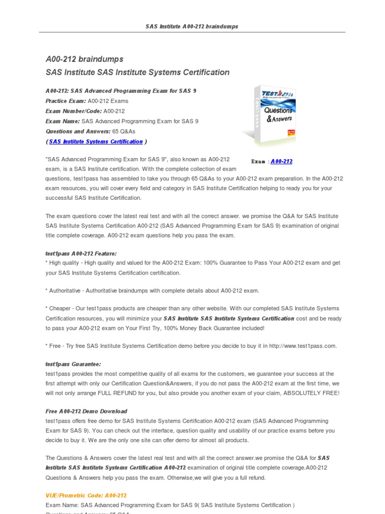 A00-212 Braindumps SAS Institute SAS Institute Systems Certification | PDF | Sas (Software ...