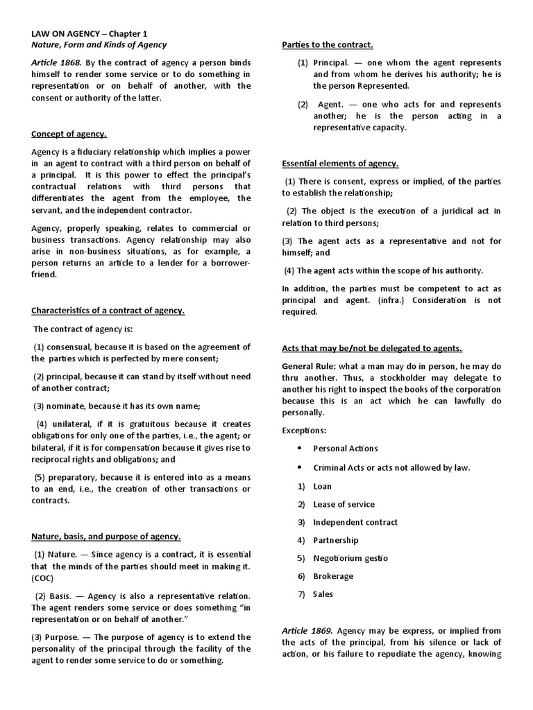 Law On Agency Chapter 1 Pdf Law Of Agency Legal Liability