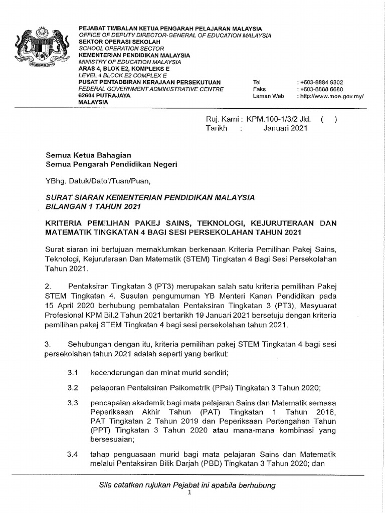 Surat Siaran Bilangan 1 Tahun 2021 - Kriteria Pemilihan Pakej Stem ...
