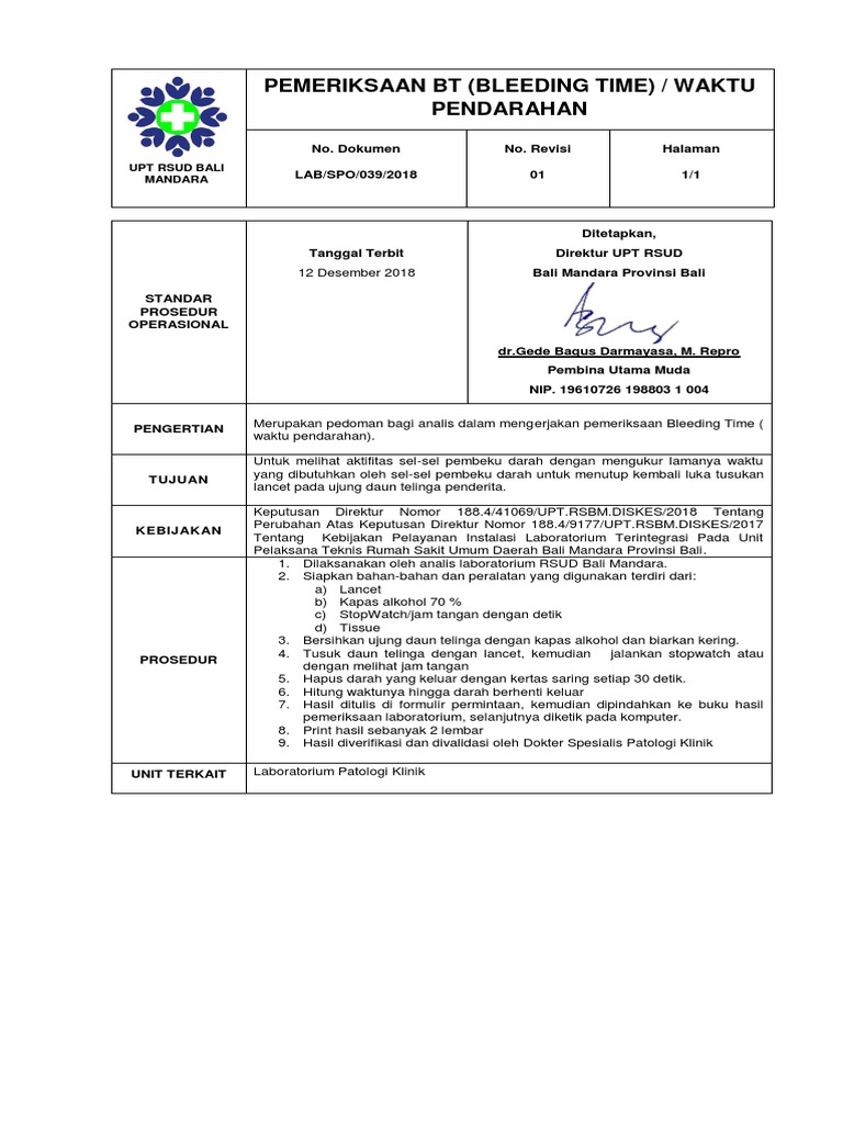 039 Spo Pemeriksaan BT (Bleeding Time) Atau Waktu Pendarahan | PDF 039 Spo Pemeriksaan BT (Bleeding Time) Atau Waktu Pendarahan | PDF