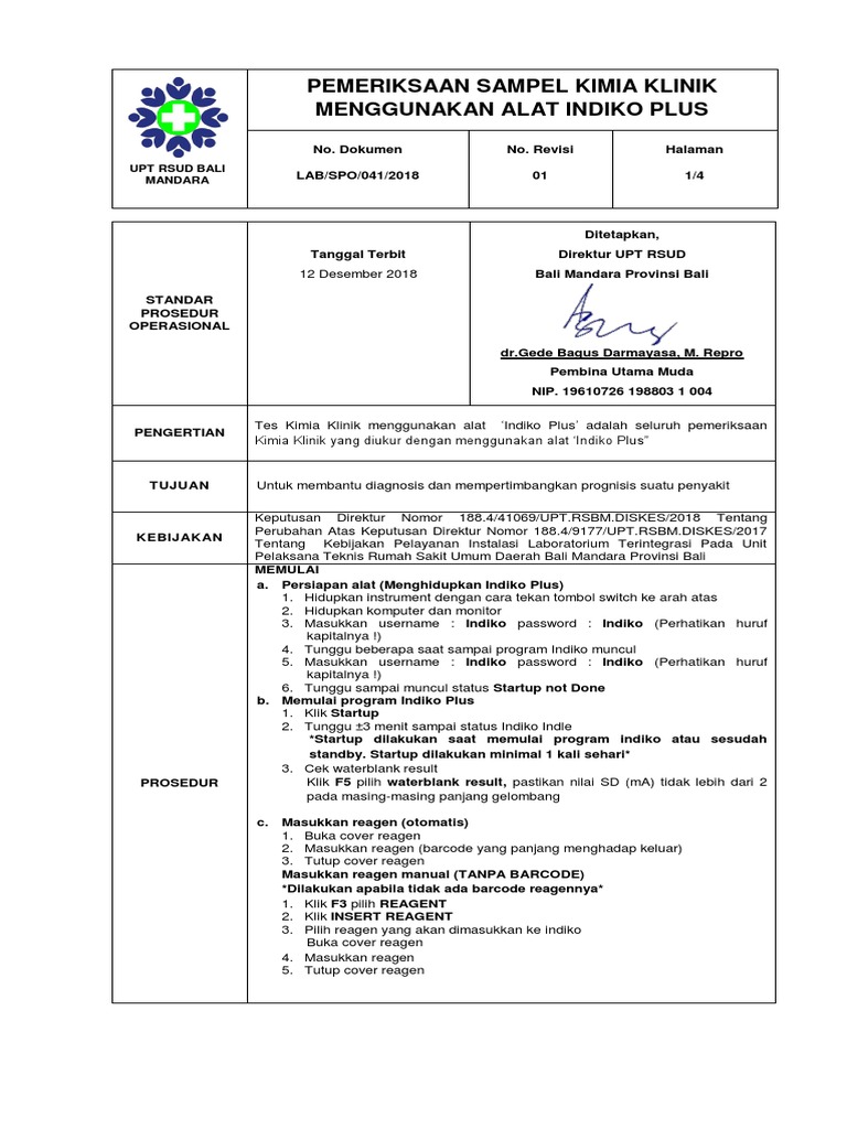 041 Spo Pemeriksaan Kimia Klinik Menggunakan Indiko Plus | PDF