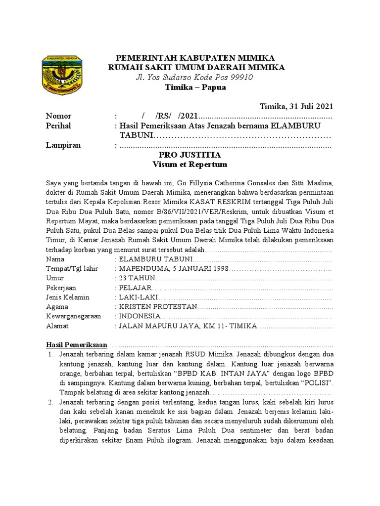 Visum Jenazah Elamburu Tabuni Timika | PDF