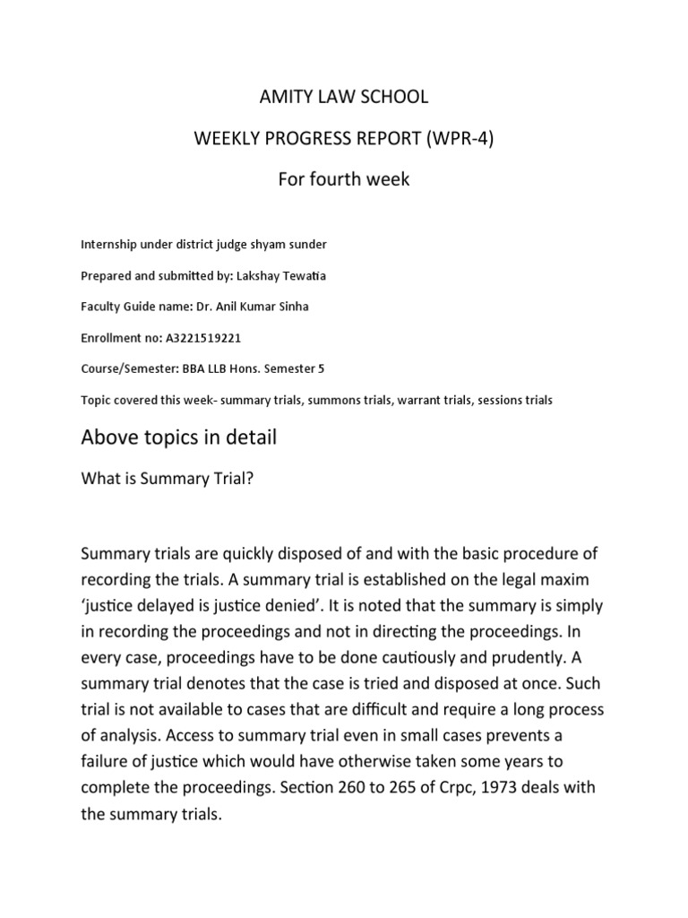 Amity Law School Weekly Progress Report (Wpr-4) For Fourth Week | Download Free PDF | Plea ...