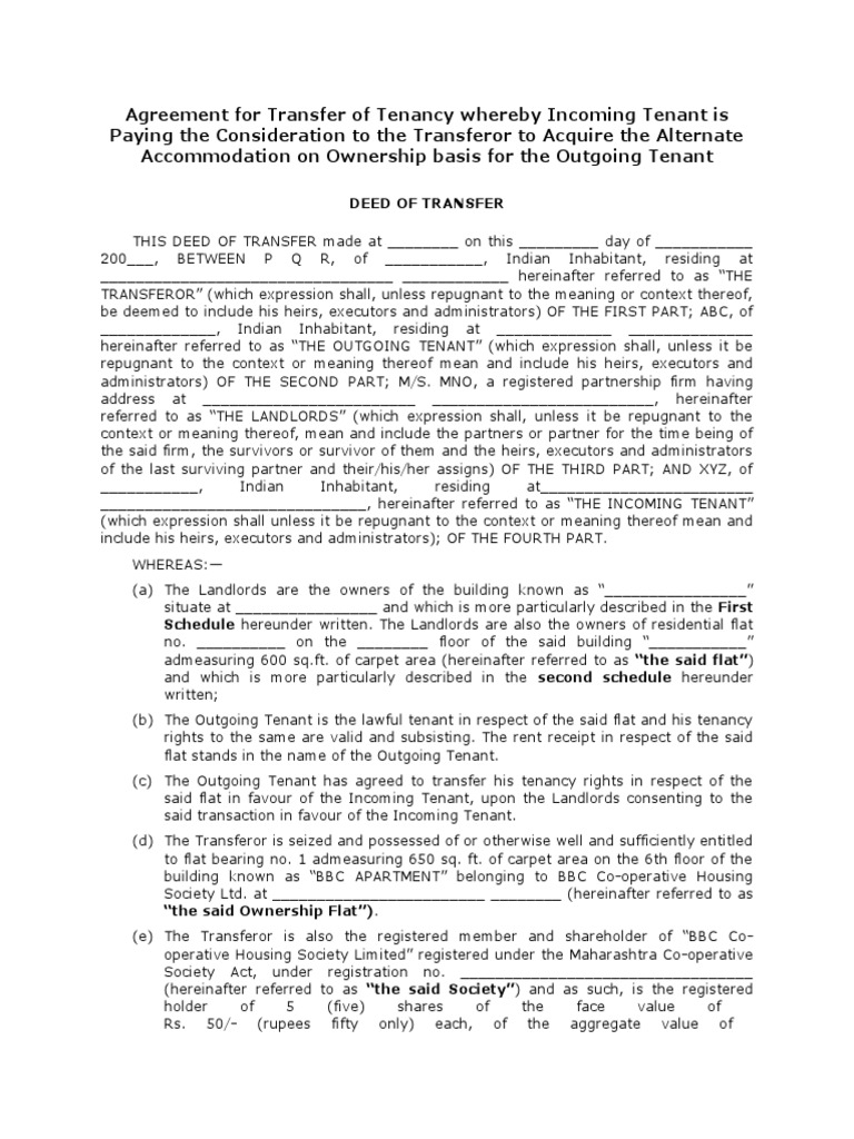 Agreement For Transfer of Tenancy Whereby Incoming Tenant Is Paying The ...