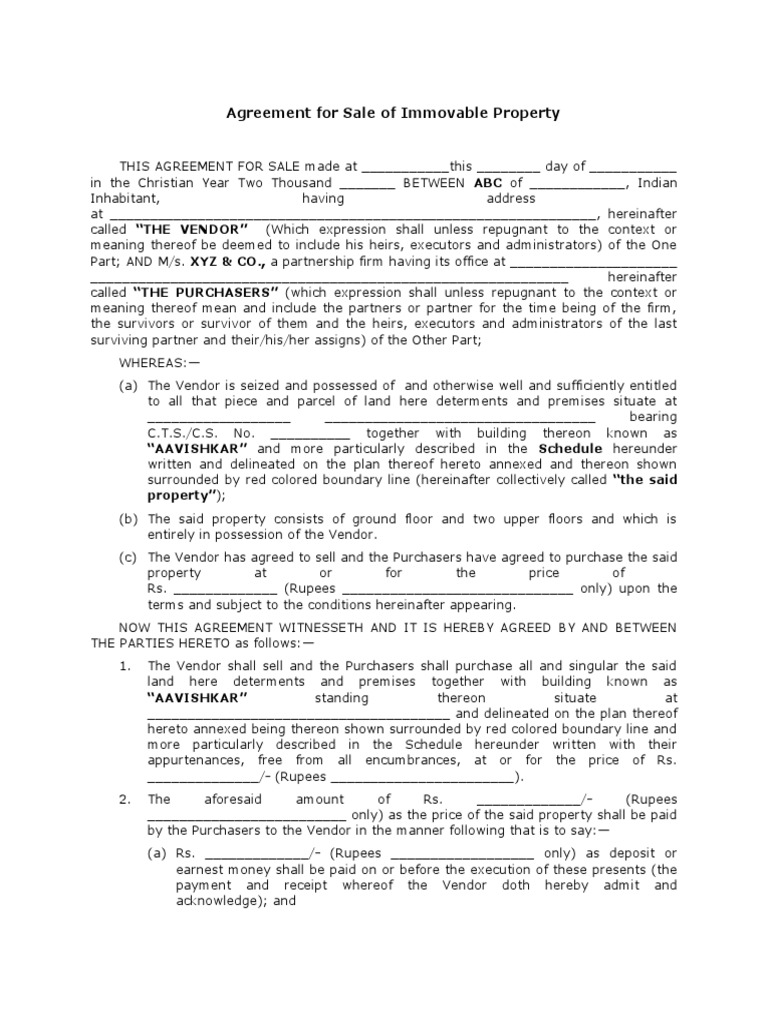 Agreement For Sale of Immovable Property | PDF | Mortgage Law | Deed