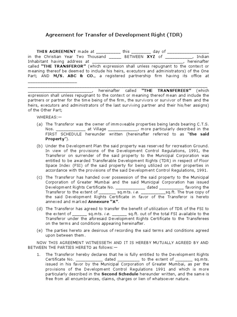 Agreement For Transfer of Development Right (TDR) | PDF | Property ...