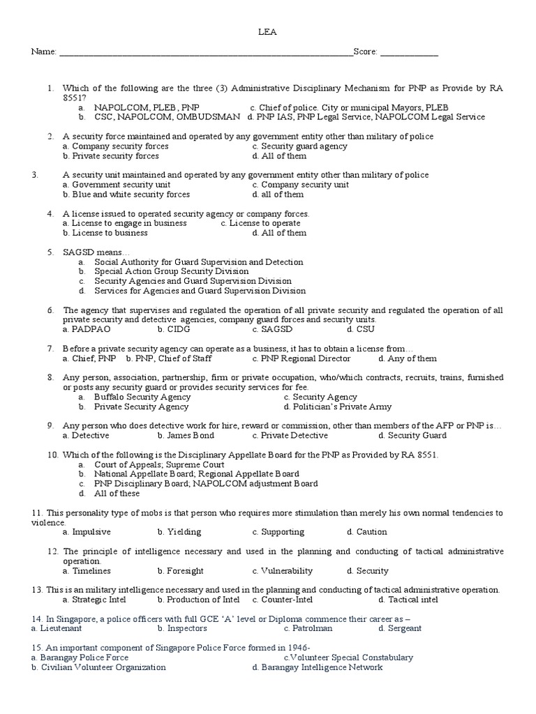 Licensure Examination for Law Enforcement Agents (LEA) | PDF ...