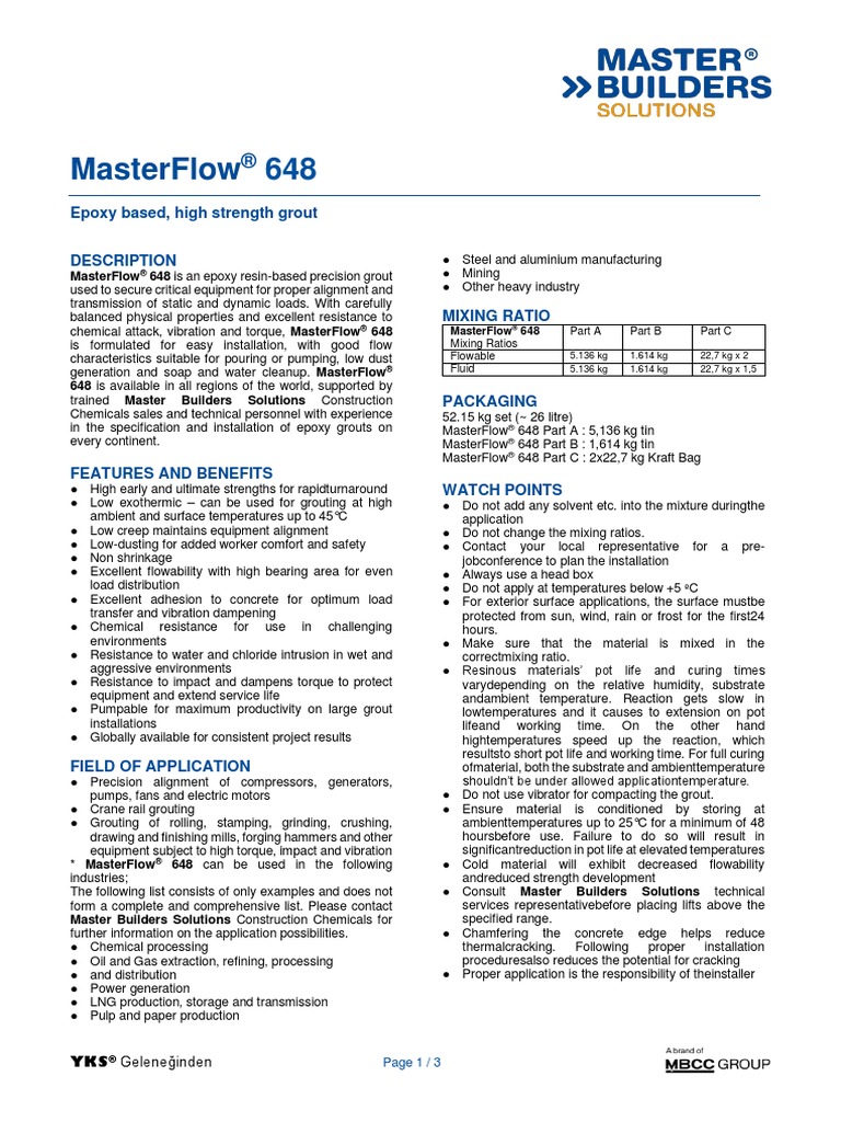 Masterflow: Epoxy Based, High Strength Grout | PDF | Concrete | Epoxy