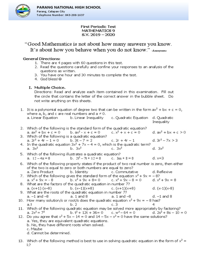 Grade 9 - 1st Periodic Test | PDF | Quadratic Equation | Factorization