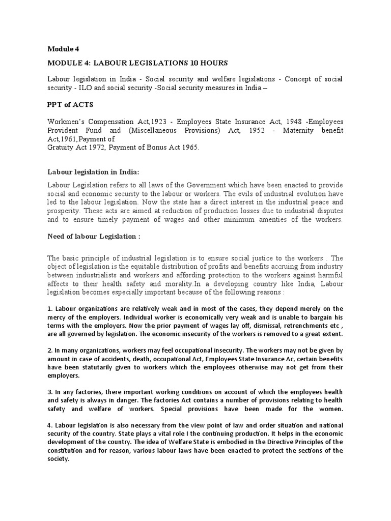 Module 4: Labour Legislations 10 Hours: Labour Legislation in India ...