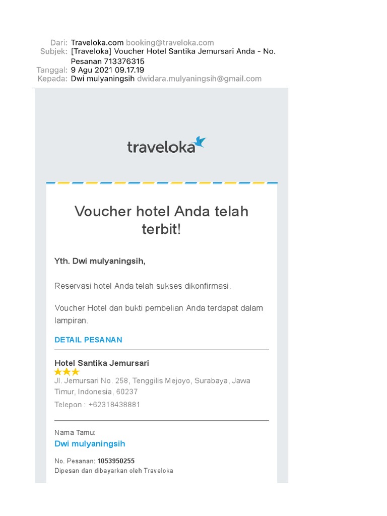 (Traveloka) Voucher Hotel Santika Jemursari Anda - No. Pesanan ...