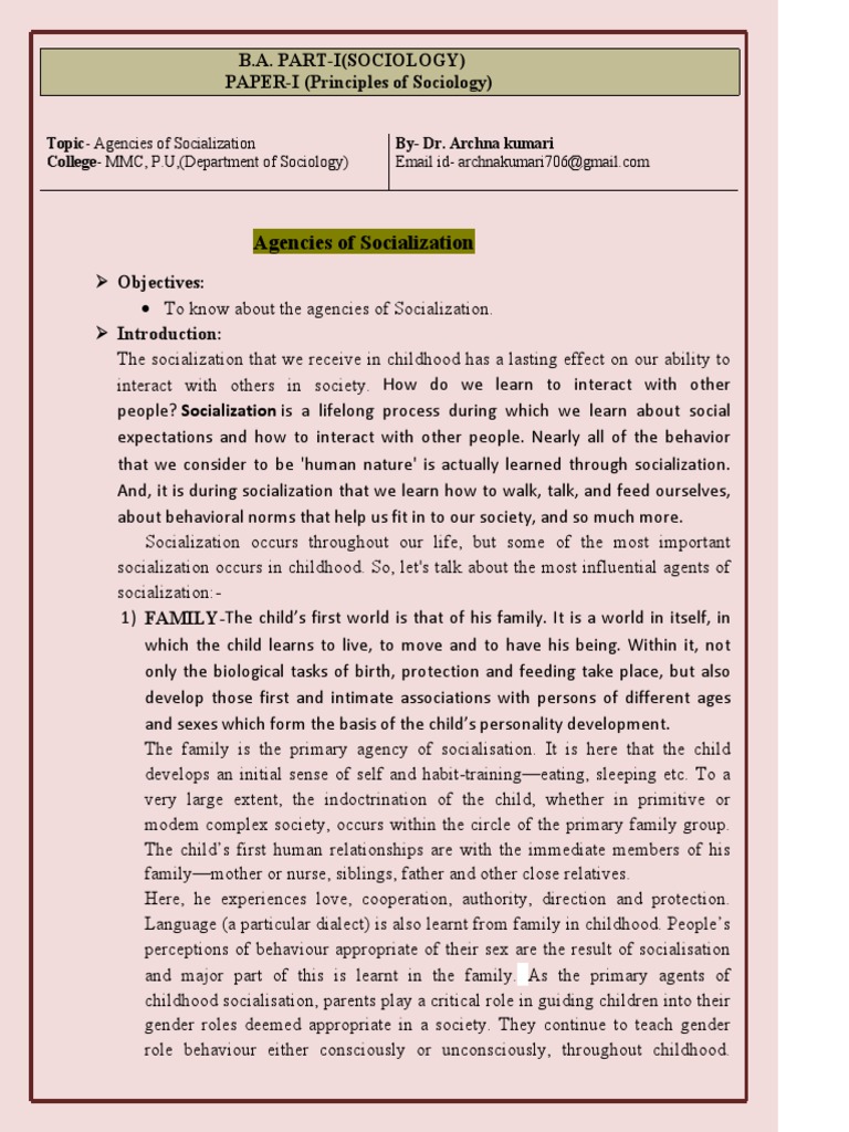 Agencies of Socialization: B.A. Part-I (Sociology) PAPER-I (Principles ...