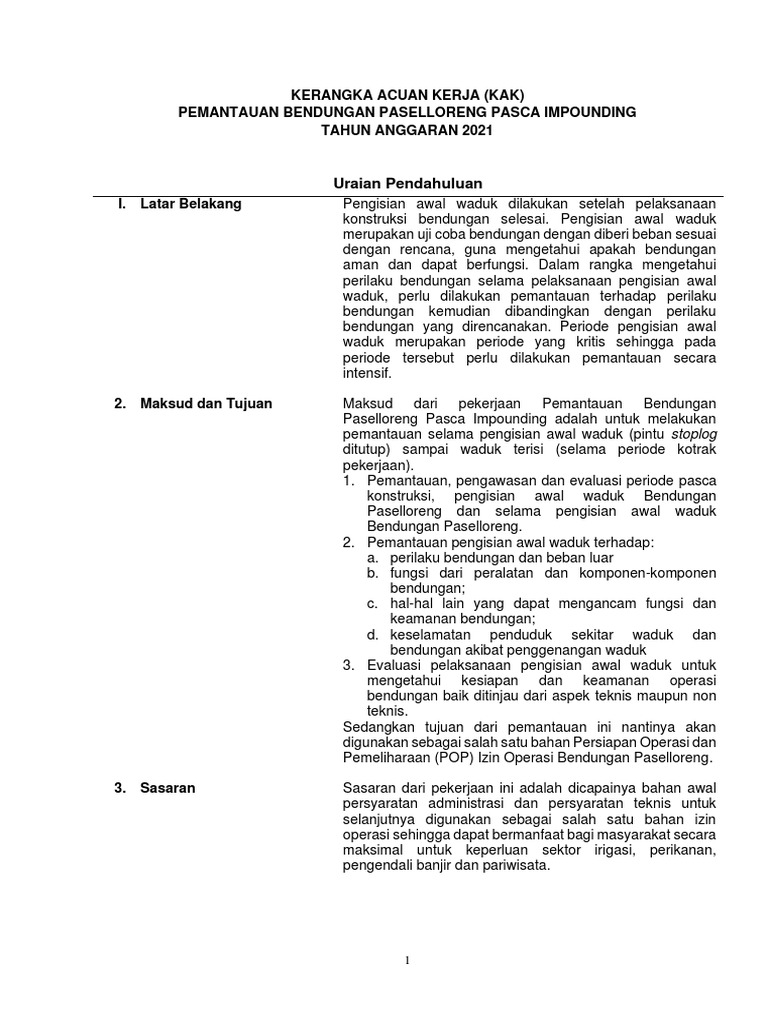 KAK Pemantauan Bendungan Paseloreng Pasca Impounding | PDF