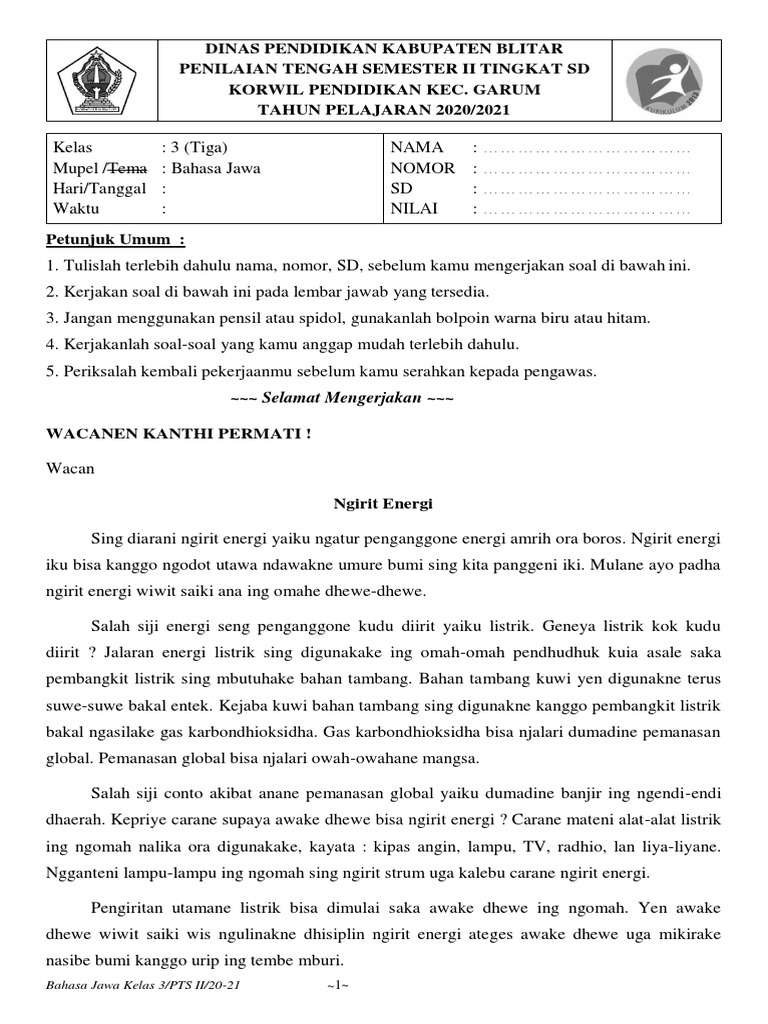 Soal PTS II Bhs. Jawa Kls 3-Dikonversi | PDF | Seni & Disiplin Bahasa | Kajian Bahasa Asing