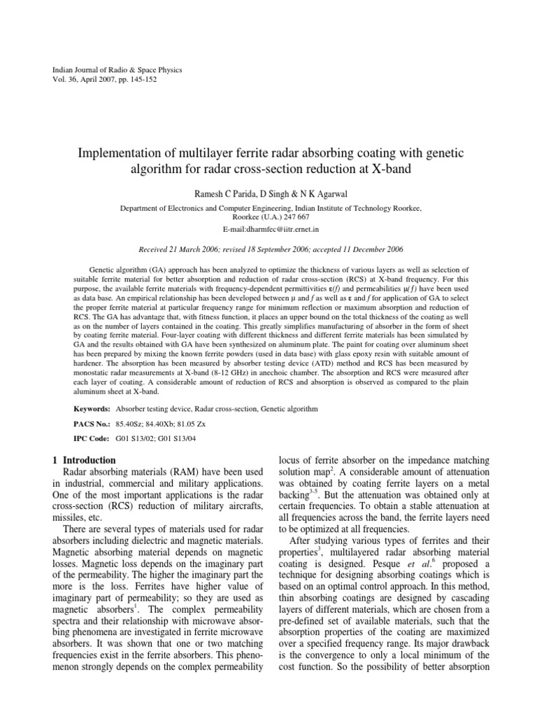 Optimization of a Multilayer Ferrite Radar Absorbing Coating Using Genetic Algorithm for ...